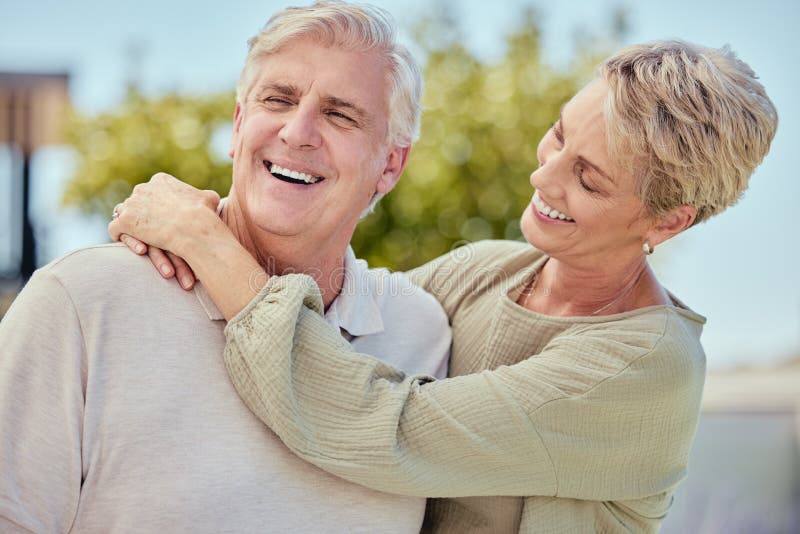 Happy Senior Couple And Smile For Love Hug And Joy For Relationship
