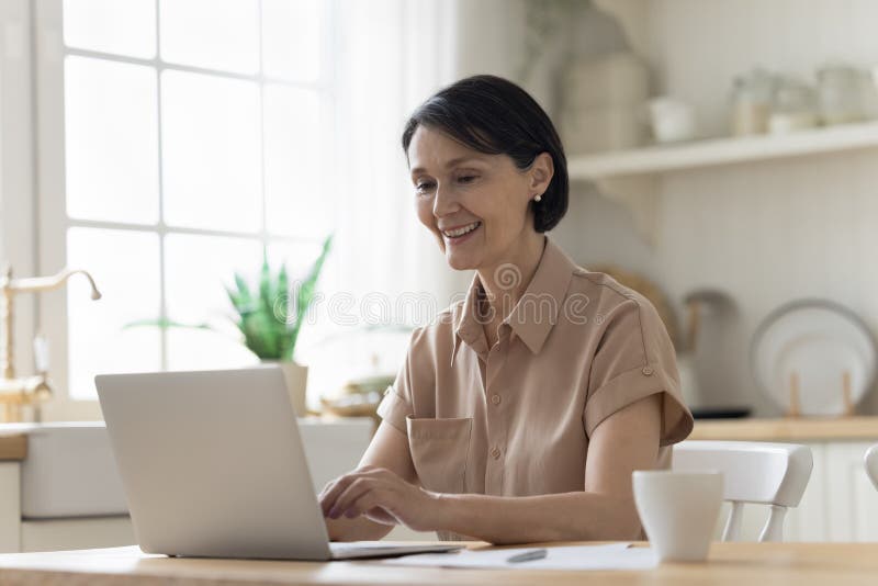 Happy Senior Freelancer Lady Enjoying Work from Home Stock Image ...