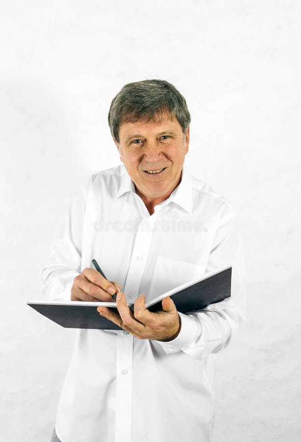 Happy Senior Man Standing Gesturing Against White Background Stock ...