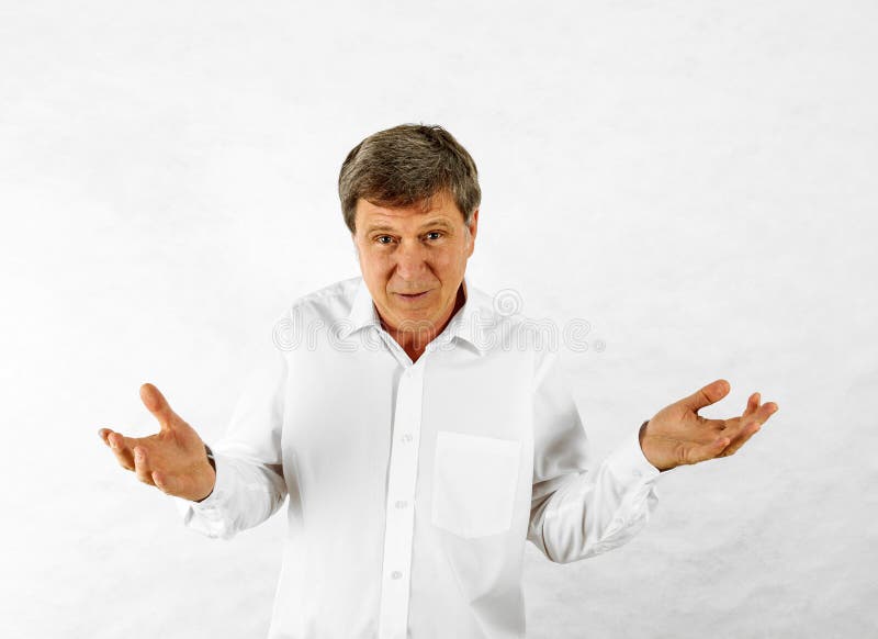 Happy Senior Man Standing Gesturing Against White Background Stock ...