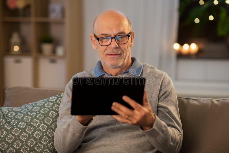Happy Senior Man with Tablet Computer at Home Stock Image - Image of ...