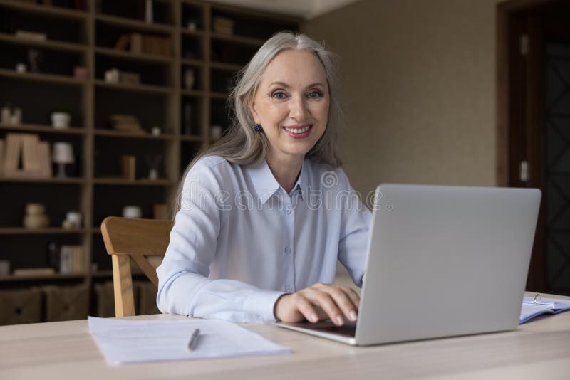Happy Senior Online Teacher Woman Using Laptop Computer Stock Image ...