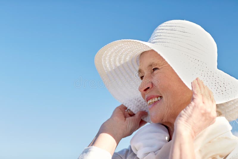 Happy Senior Woman In Sun Hat On Summer Beach Stock Image Image Of