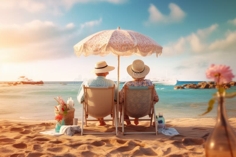 Happy Seniors Enjoying of Retirement on a Beach. Generative AI Stock ...