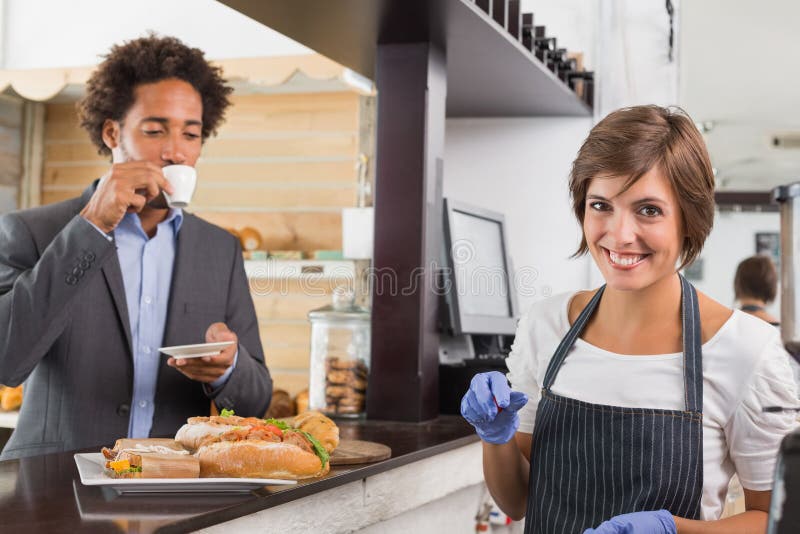 Happy Server Preparing Food at Counter Stock Image - Image of camera ...