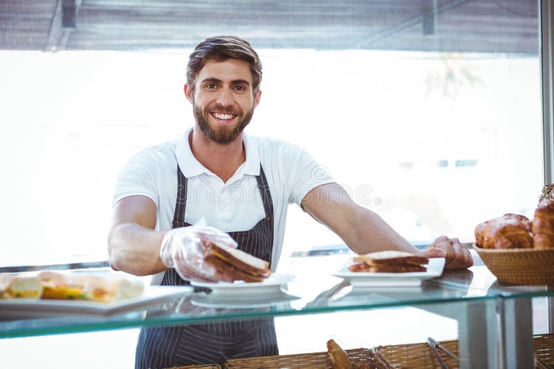 Happy Server Showing Sandwich Stock Photo - Image of counter, industry ...