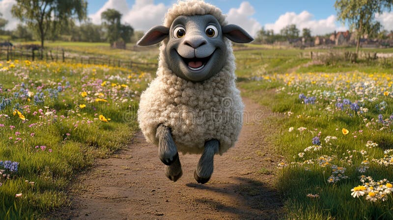 Happy Sheep Leaping through a Field of Flowers Stock Illustration ...