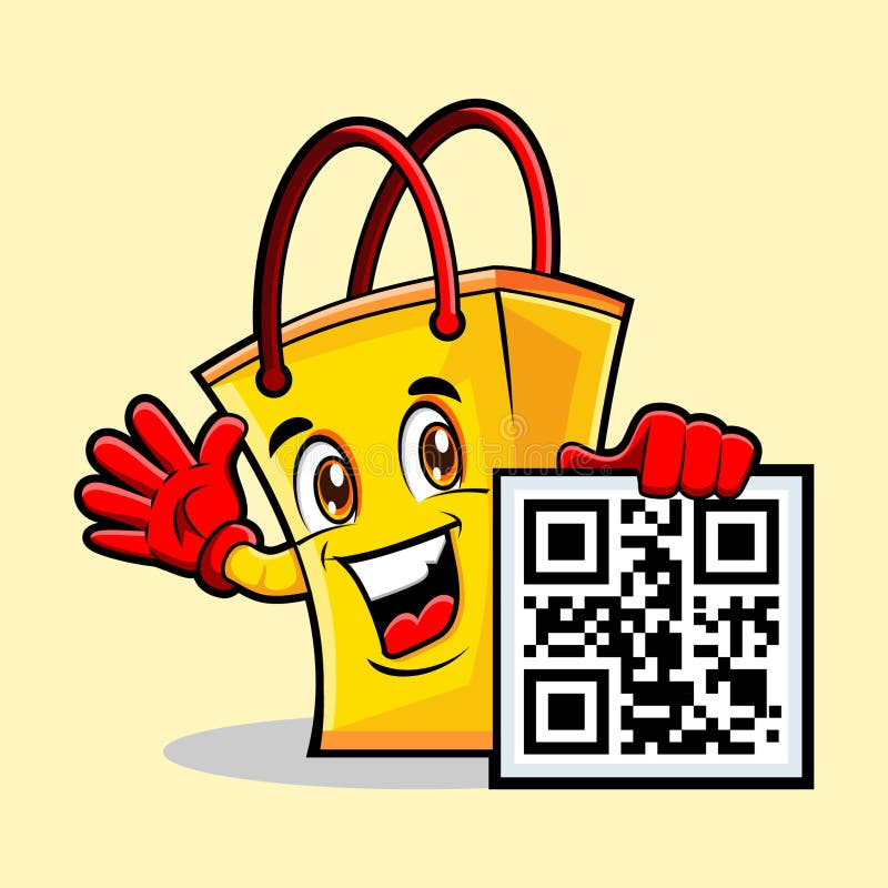 Happy Shopping Bag Mascot with QR Code Stock Vector - Illustration of ...