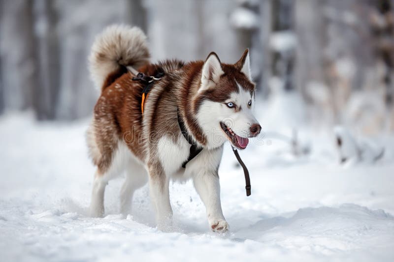 A Happy Siberian Husky Playing in the Snow, with a Leash in Its Mouth ...