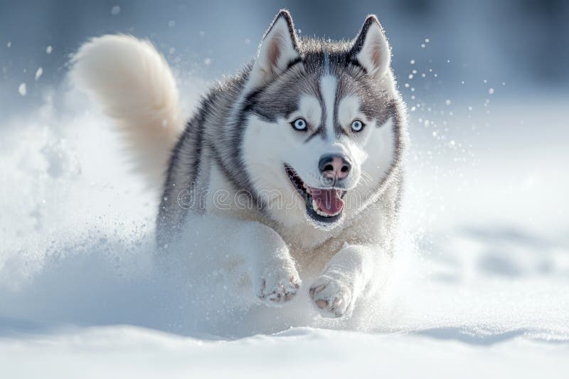Happy Siberian Husky Running Fast on Deep Snow in Winter Stock Photo ...