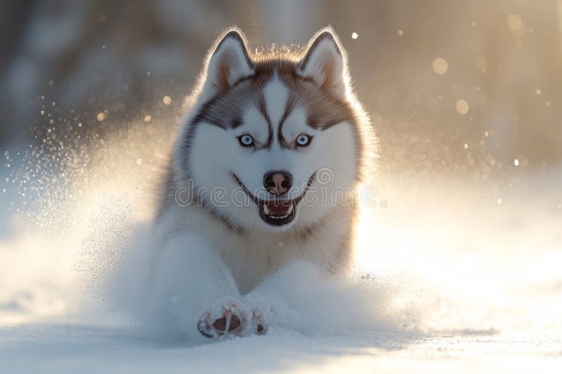 Happy Siberian Husky Running Fast on Deep Snow in Winter Stock Photo ...