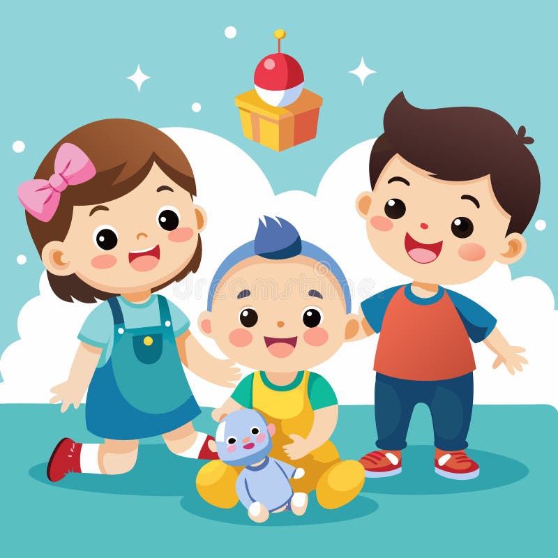 Happy Siblings with Baby Brother, Playing Together Stock Vector ...