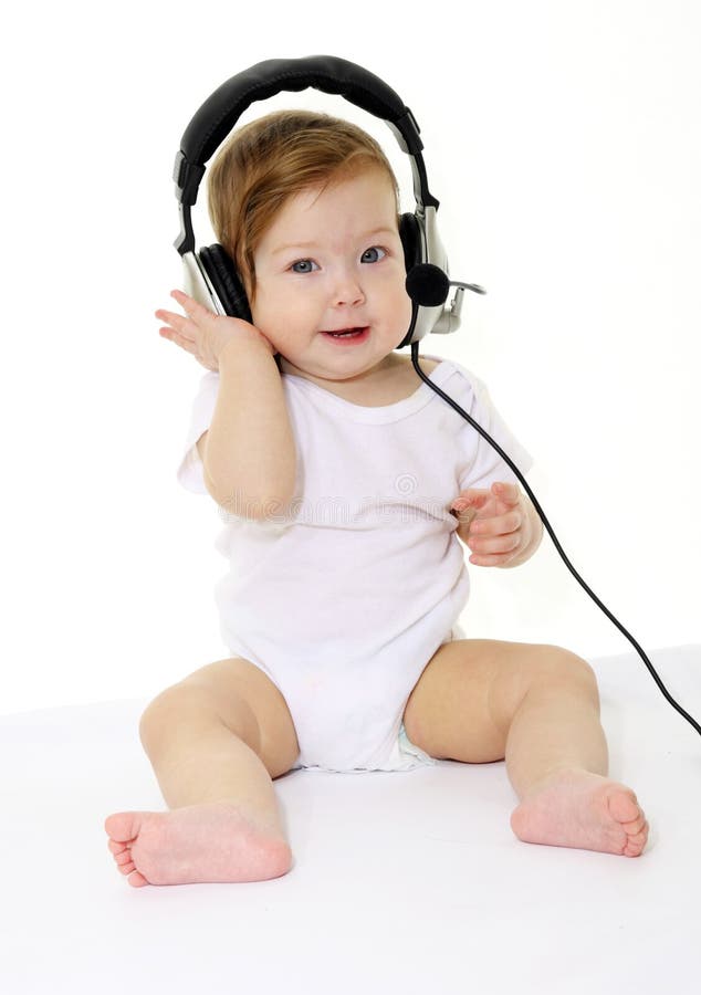 Happy Singing Baby Wearing Big Black Headphones Stock Image - Image of ...