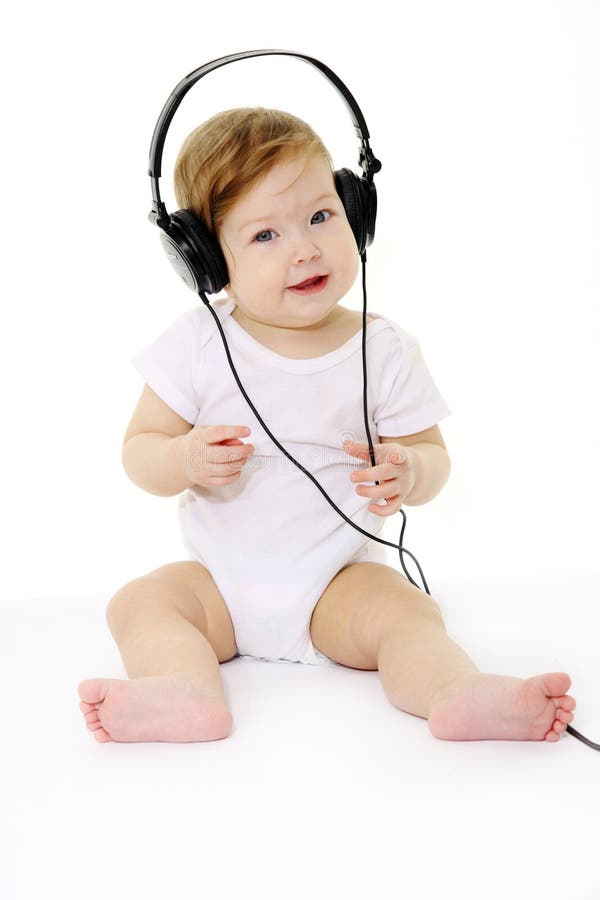 Happy Singing Baby with Black Headphones Stock Photo - Image of music ...