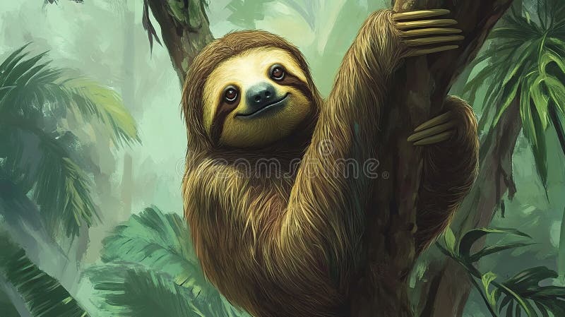 Happy Sloth Hanging on a Tree Branch in a Lush Rainforest. (1 Stock ...