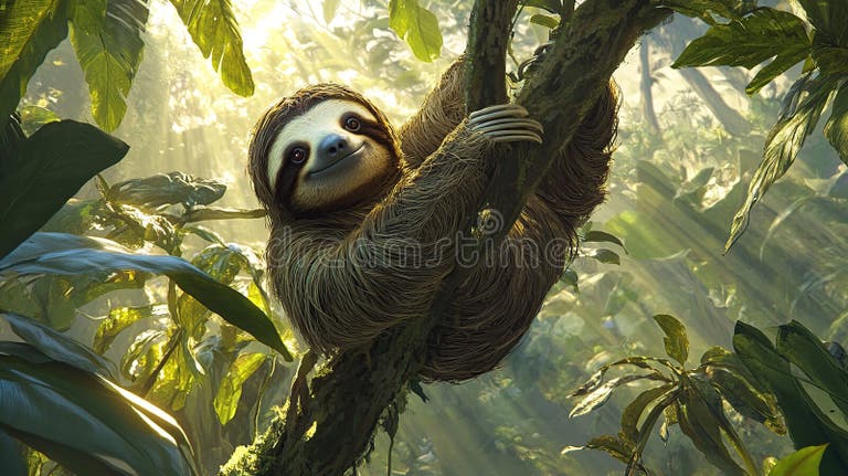 Happy Sloth Hanging on a Tree Branch in a Lush Rainforest Stock Image ...