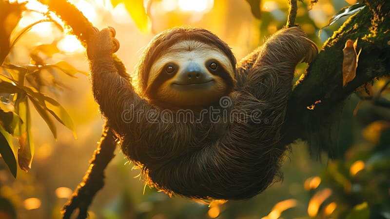Happy Sloth Hanging on a Tree Branch at Sunset Stock Illustration ...