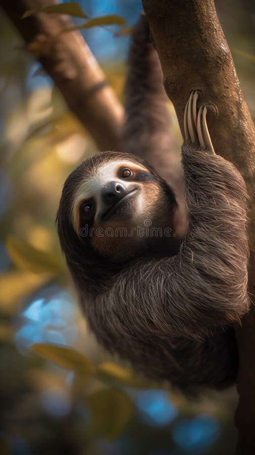 Happy Sloth Hanging on a Tree. Stock Illustration - Illustration of ...