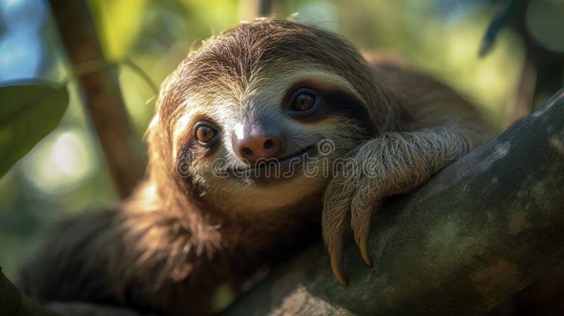 Happy Sloth Hanging on the Tree. Sloth Sitting in a Tree Smiling Stock ...