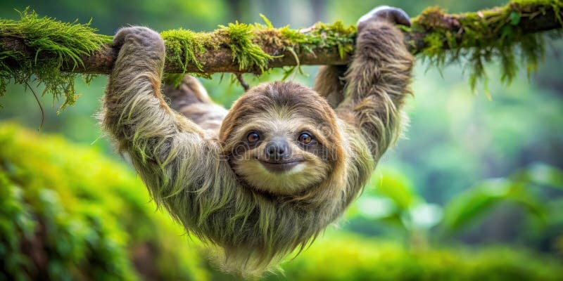 A Happy Sloth Hanging Upside Down from a Mossy Branch in a Lush Green Forest. Generative AI ...