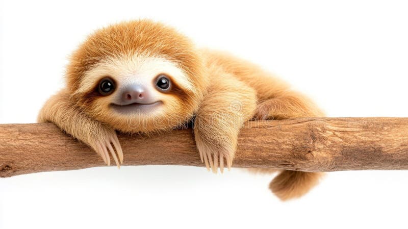 Happy Sloth Laying on a Tree Branch with a Smile and Isolated White ...