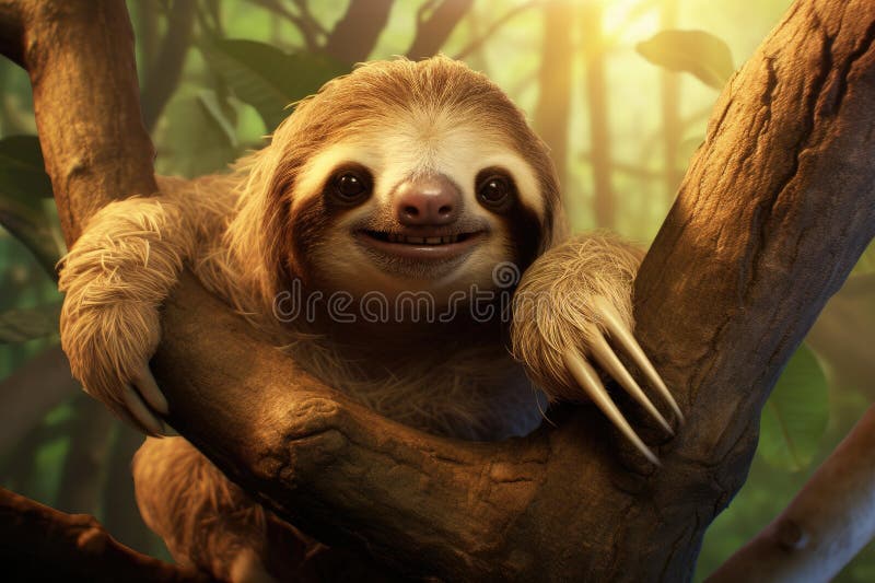 Happy sloth on the tree stock illustration. Illustration of america ...