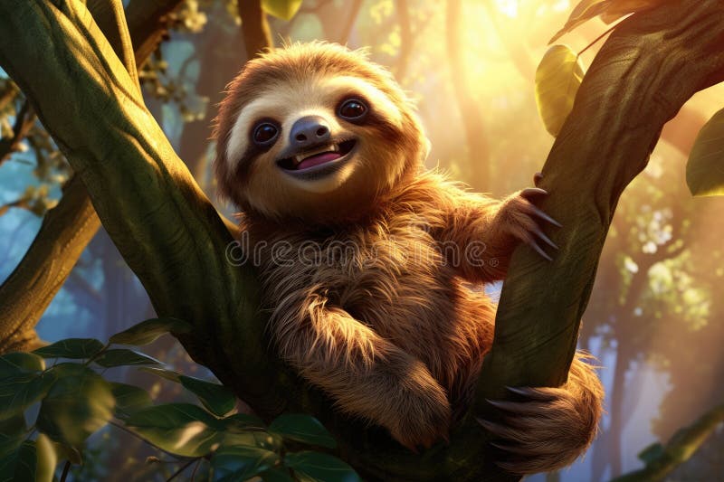 Happy sloth on the tree stock illustration. Illustration of face ...