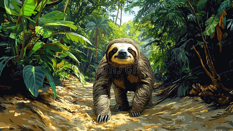 Happy Sloth Walking Jungle Path Sunlight Background Stock Illustration ...