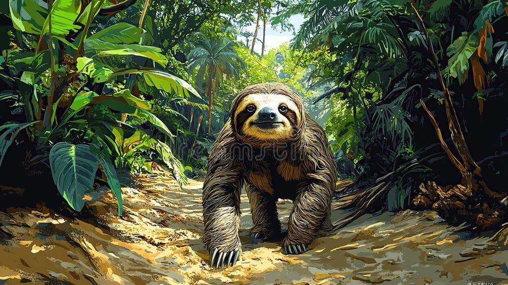Happy Sloth Walking Jungle Path Sunlight Background Stock Illustration ...