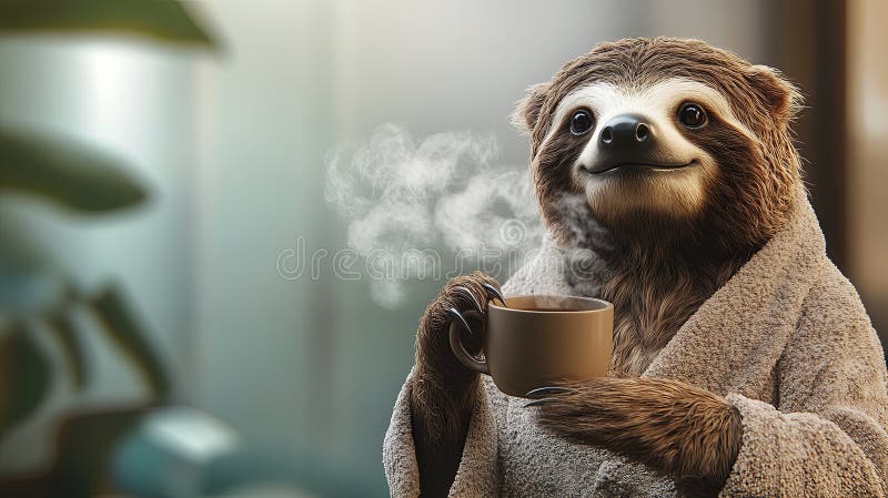 Happy Sloth Wearing Robe Holding Steaming Cup Herbal Tea Stock Photos ...