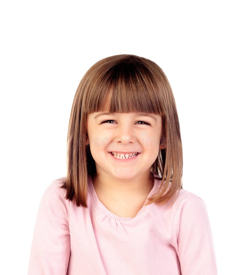 Happy Small Girl with Straight Hair Isolated on a White Background ...