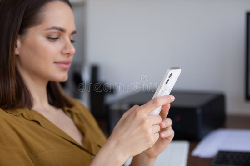 Happy Smartphone User Woman Chatting Online, Engaged in Gadget Using ...