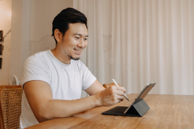 Happy Smile Freelance Man Work in the Cafe. Stock Image - Image of ...