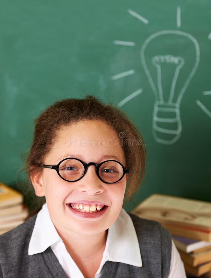 Happy, Smile and Portrait of Student with Light Bulb on Board for Plan ...