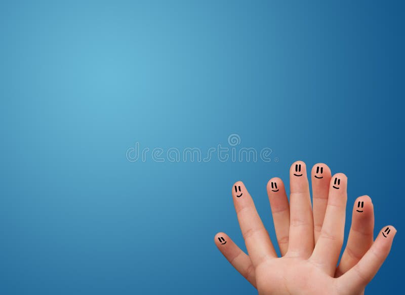 Happy Smiley Face Fingers Looking at Empty Blue Background Copy Stock ...