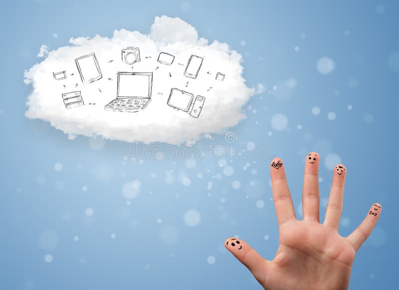 Happy Smiley Fingers Looking at Cloud Computing with Technology Stock ...