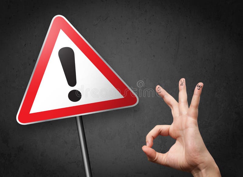 Happy Smiley Fingers Looking at Triangle Warning Sign with Exclamation ...