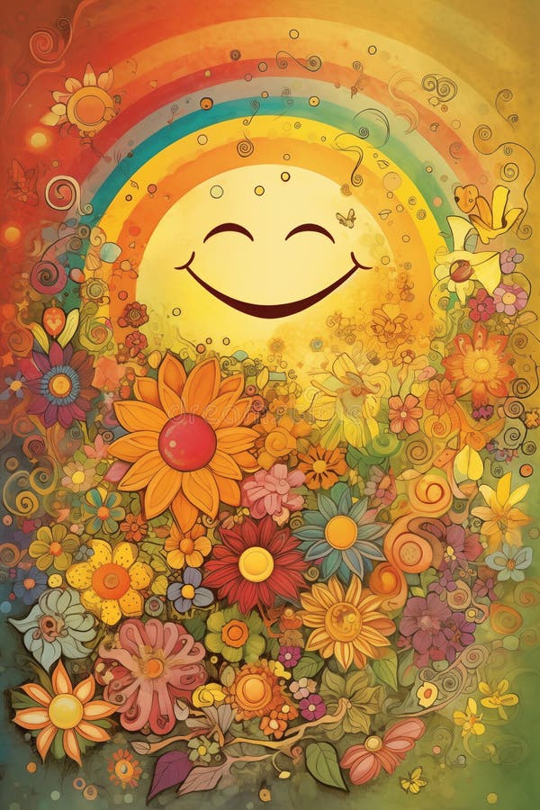 Happy Smiley Sun with Colourful Flowers Illustration Stock Photo ...