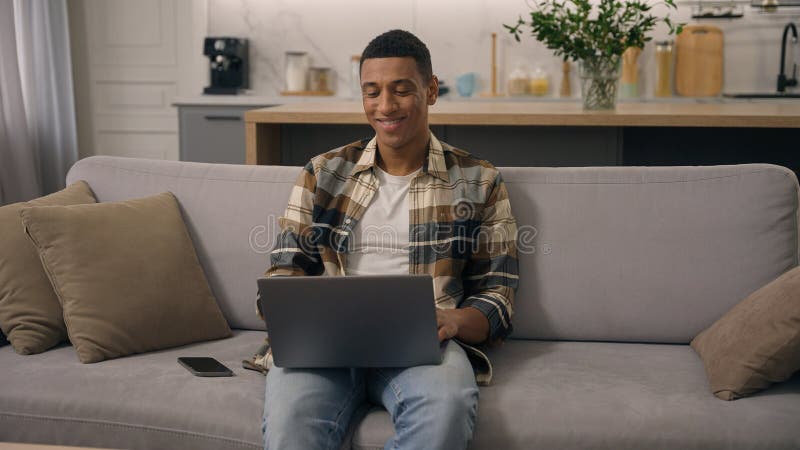 Happy Smiling African American Ethnic Man Working at Home Distant ...