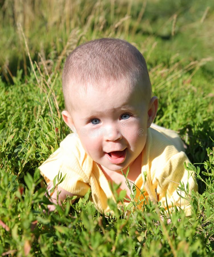 Happy Smiling Baby in Grass Stock Image - Image of affectionate, nature ...