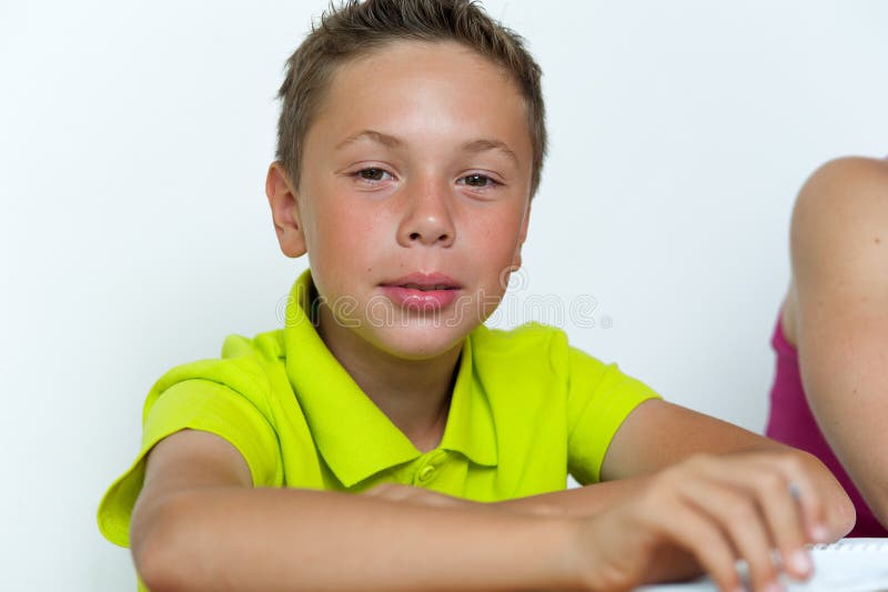Happy Smiling Caucasian Boy Sitting at the Table Stock Image - Image of ...