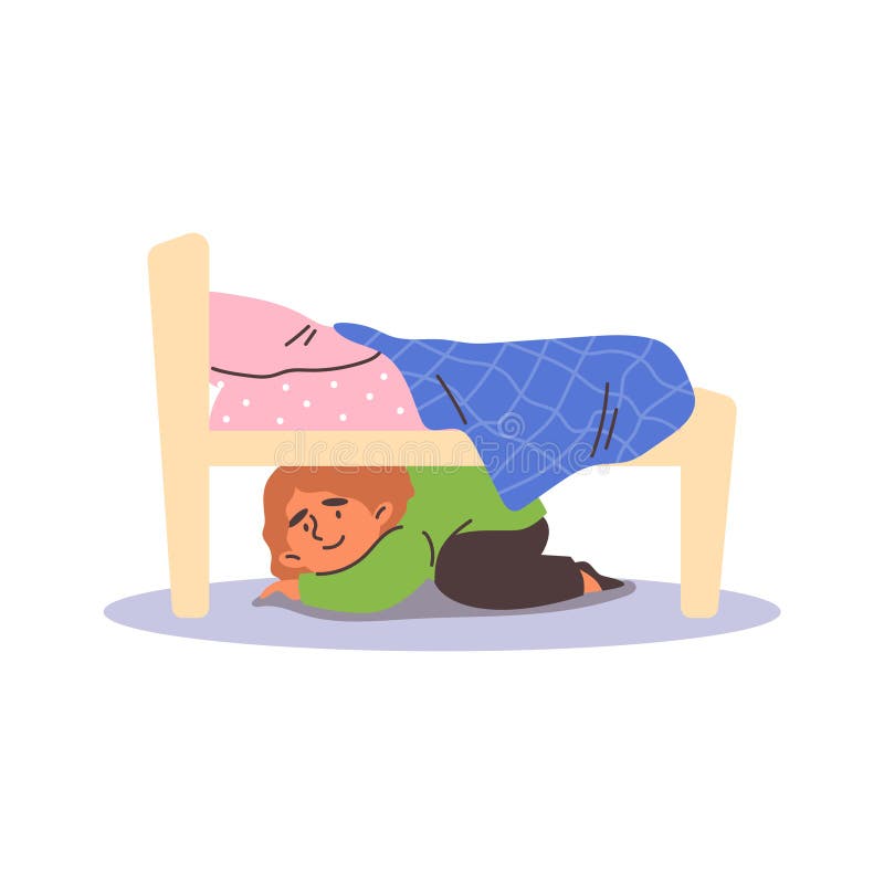 Happy Smiling Child Hiding Under the Bed, Flat Vector Illustration ...