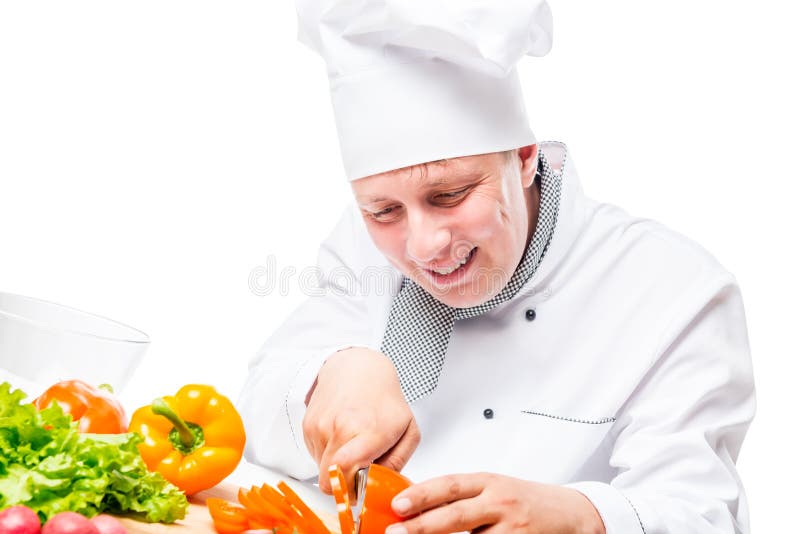 Happy Smiling Cook and Cut Peppers on Table Stock Photo - Image of ...