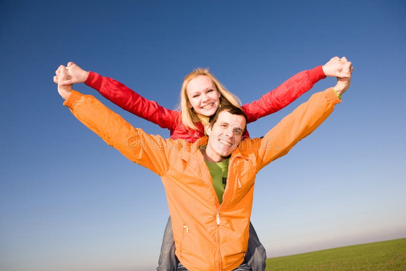 Happy Smiling Couple Fly in Sky Stock Image - Image of couple ...