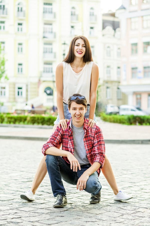 Happy Smiling Couple Having Fun in the Street on Summertime Stock Photo ...