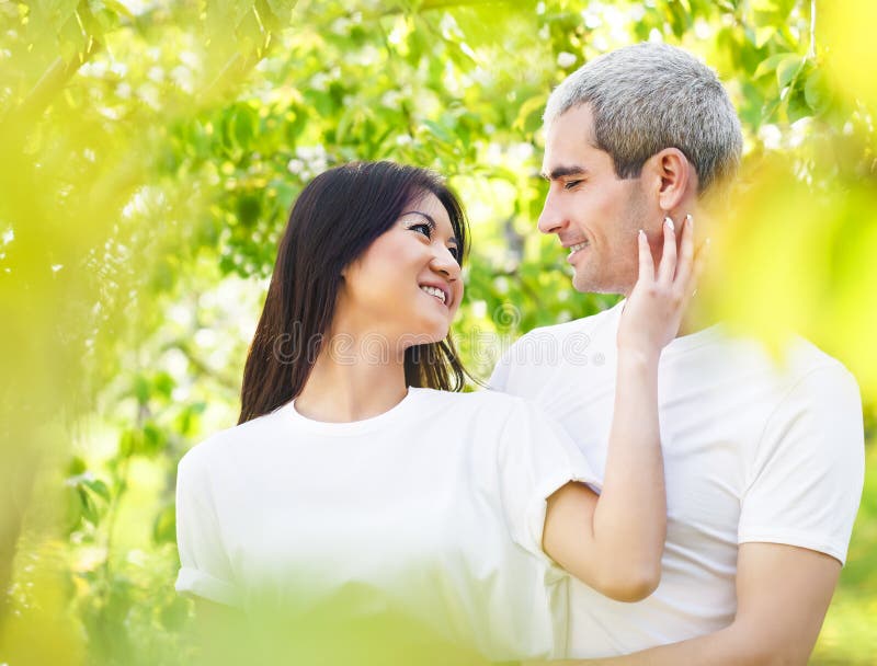 Happy Smiling Couple in Love in Spring Garden Stock Image - Image of ...