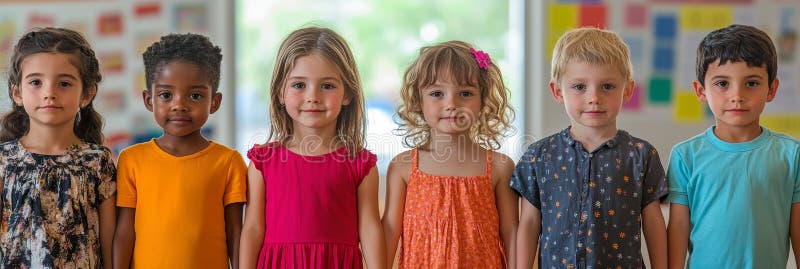 Happy, Smiling Diverse Children in a Classroom Setting, Standing in a ...