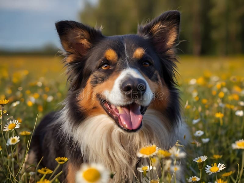 A Happy Smiling Dog on a Flower Meadow Stock Illustration ...