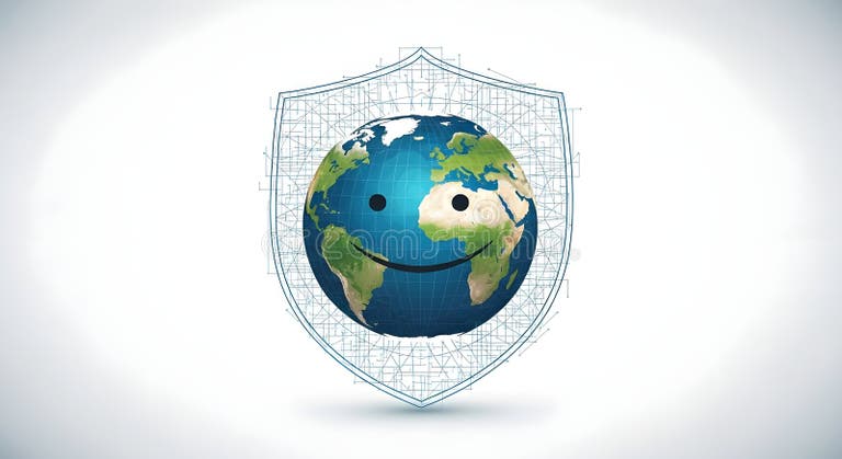 A Happy Smiling Earth Globe is Protected within a Digital Network ...