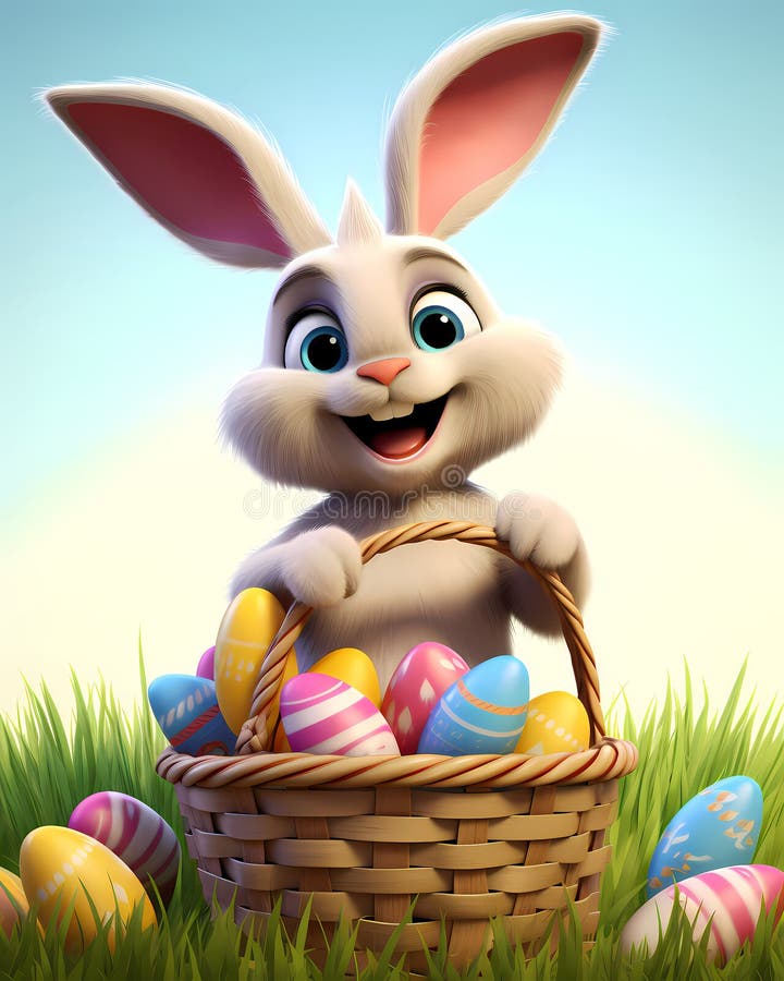 A Happy Smiling Easter Bunny Holding a Basket Full of Color Eggs Stock ...